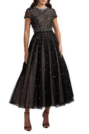 Mac Duggal Embellished Pearl Tulle Midi Dress - Black Ivory