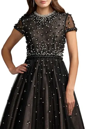 Mac Duggal Embellished Pearl Tulle Midi Dress