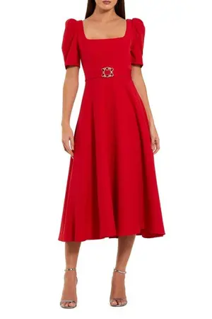 Mac Duggal Square Neck Short Sleeve Midi Dress With Belt - Red