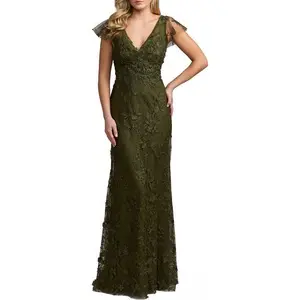 Mac Duggal Petite Embroidered Applique Wrap Over Flutter Sleeve Gown