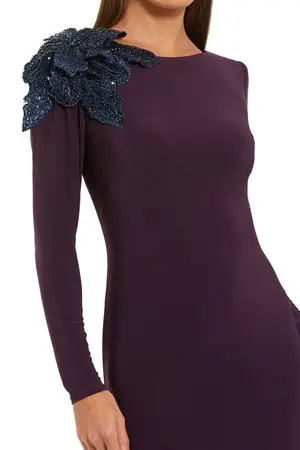 Mac Duggal Floral Appliqué Long Sleeve Column Gown