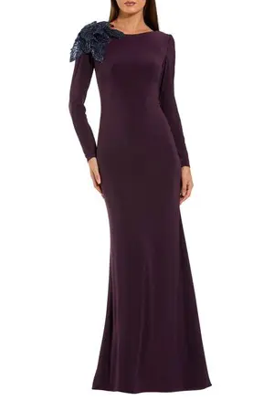 Mac Duggal Floral Appliqué Long Sleeve Column Gown - Amethyst
