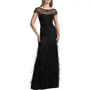 Mac Duggal Hand Beaded Short Sleeve Feather Gown Black