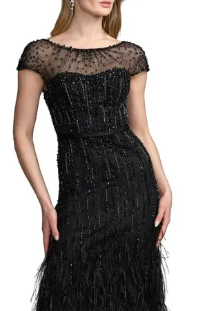 Mac Duggal Hand Beaded Short Sleeve Feather Gown - Black