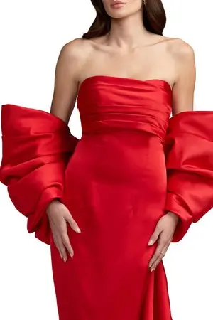 Mac Duggal Satin Strapless Ankle Dress With Oversized Bow
