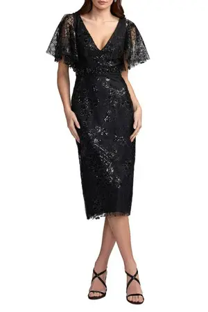 Mac Duggal Embellished Illusion Butterfly Sleeve Cocktail Dress - Black