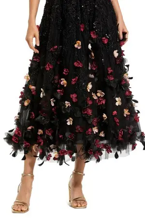 Mac Duggal Sleeveless Beaded Midi Dress With 3d Flowers