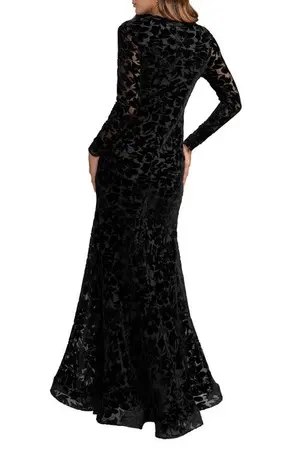 Mac Duggal Floral Velvet Burnout Long Sleeve Gown