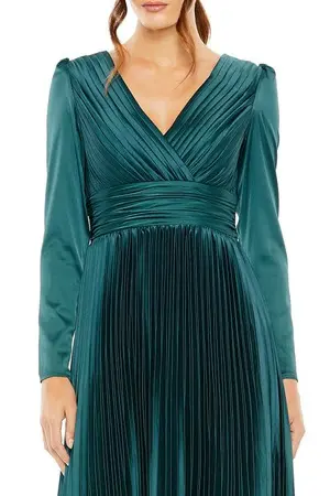 Mac Duggal Long Sleeve Faux Wrap Pleated Satin Gown