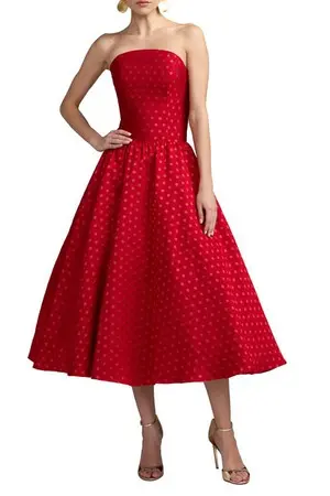 Mac Duggal Strapless Dropwaist Polka Dot Brocade Midi Dress