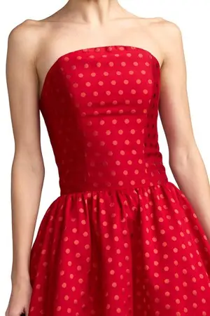 Mac Duggal Strapless Dropwaist Polka Dot Brocade Midi Dress