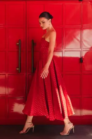 Mac Duggal Strapless Dropwaist Polka Dot Brocade Midi Dress