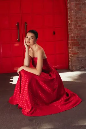 Mac Duggal Strapless Dropwaist Polka Dot Brocade Midi Dress