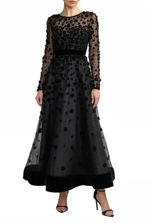 Mac Duggal Floral Applique Beaded Tulle Evening Gown