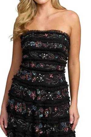 Mac Duggal Strapless Micro Ruffle Midi Dress