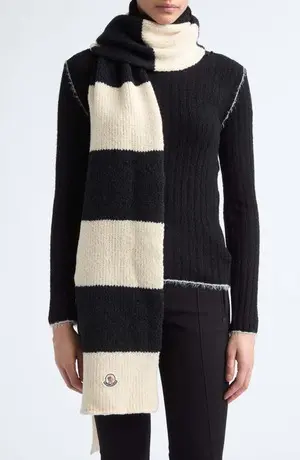 Moncler Stripe Virgin Wool Blend Scarf - White/black