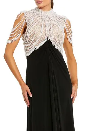 Mac Duggal Beaded High Neck Cape Sleeve Gown