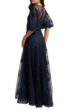 Mac Duggal Embroidered Illusion Neck Puff Sleeve A-line Gown