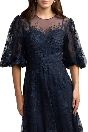 Mac Duggal Embroidered Illusion Neck Puff Sleeve A-line Gown