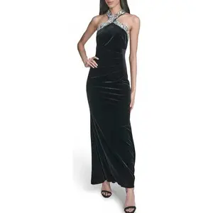 Eliza J Rhinestone Detail Velvet Sheath Gown - Black