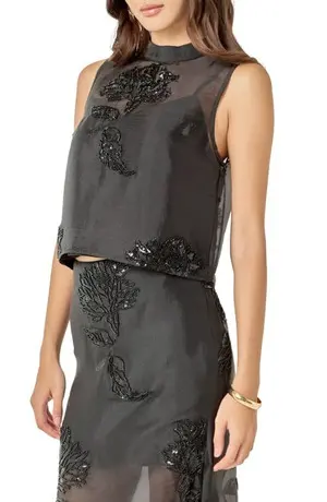 English Factory Beaded Sheer Mock Neck Top