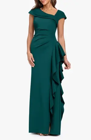 XSCAPE EVENINGS Asymmetric Neck Scuba Knit Trumpet Gown - Hunter