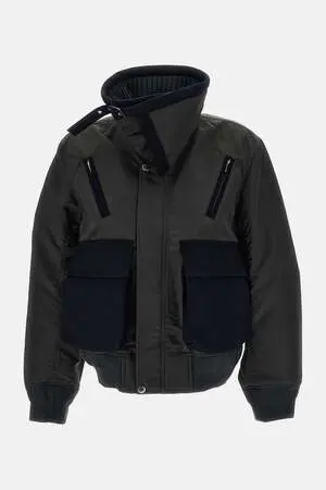 Sacai Giacca In Nylon Twill E Lana Melton - Verde
