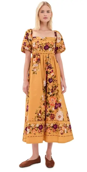 Moon River Puff Sleeve Square Neck Midi Dress - Mustard Multi