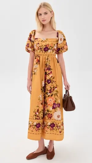 Moon River Puff Sleeve Square Neck Midi Dress
