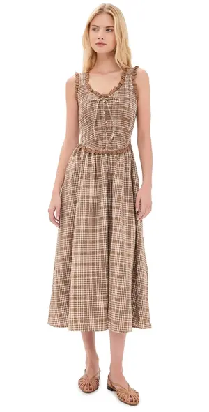Moon River Smocked Lace Insert Midi Dress - Camel Multi