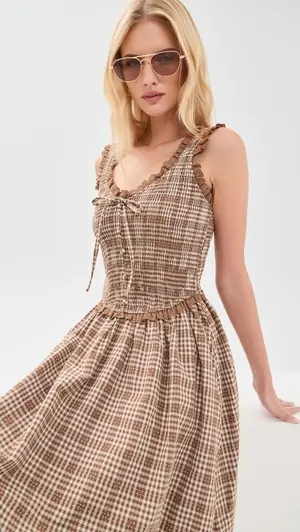Moon River Smocked Lace Insert Midi Dress