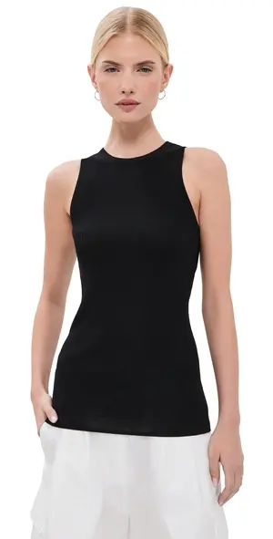 Tibi Feather Weight Ribbed Cut Out Tank - Black