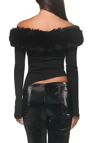 I.AM.GIA Cecily Off The Shoulder Rib Top With Faux Fur Collar - Black