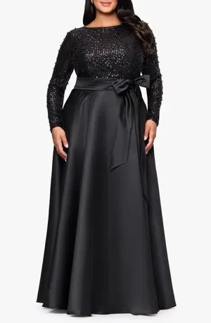 XSCAPE EVENINGS Sequin Bodice Long Sleeve Gown - Black