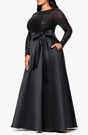 XSCAPE EVENINGS Sequin Bodice Long Sleeve Gown