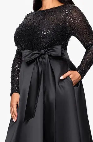 XSCAPE EVENINGS Sequin Bodice Long Sleeve Gown