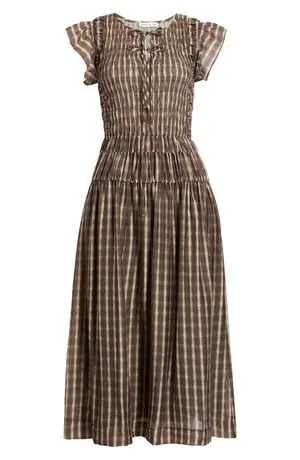 Moon River Smocked Tie Front Midi Dress - Chocolate