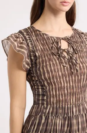 Moon River Smocked Tie Front Midi Dress - Chocolate