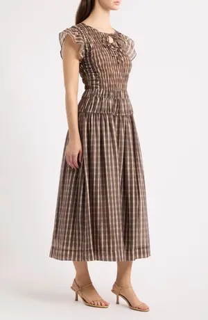 Moon River Smocked Tie Front Midi Dress