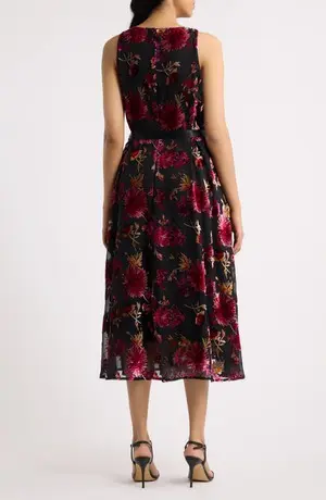 TAHARI ASL Tie Waist Burnout High/low Midi Dress