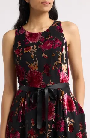 TAHARI ASL Tie Waist Burnout High/low Midi Dress