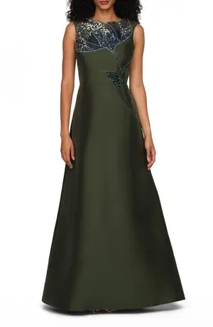 KAY UNGER Charlene Embellished Taffeta Gown - Forest Elf