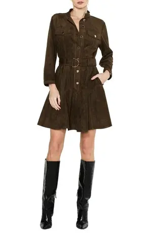 CIEBON Karrie Belted Long Sleeve Faux Suede Shirtdress - Olive
