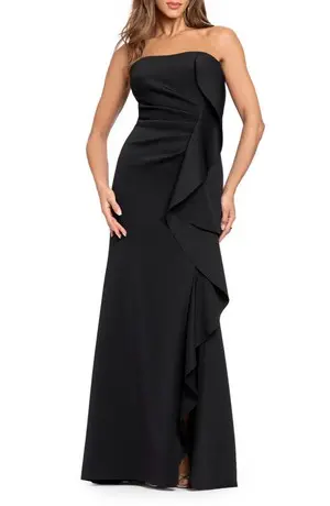 XSCAPE EVENINGS Ruffle Strapless Scuba Crepe Gown - Black