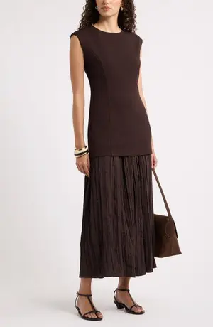 Nordstrom Mixed Media Pleated Dress - Brown Mole