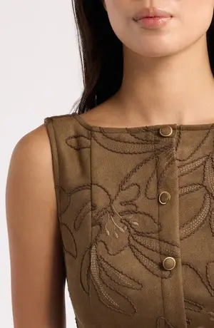 Moon River Embroidered Sleeveless Faux Suede Minidress