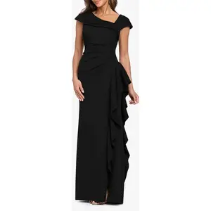 XSCAPE EVENINGS Asymmetric Neck Scuba Knit Trumpet Gown - Black