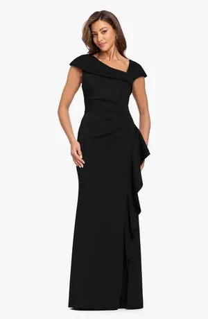 XSCAPE EVENINGS Asymmetric Neck Scuba Knit Trumpet Gown - Black