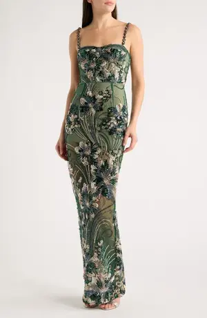 BRONX BANCO Embellished Column Gown - Green Multi
