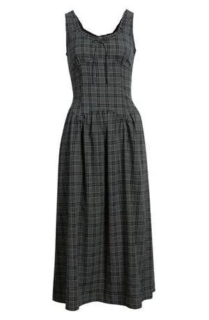 Moon River Drop Waist Sleeveless Midi Dress - Navy Multi